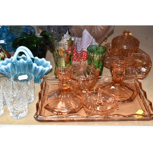 A GROUP OF GLASSWARE, comprising Chance Glass handkerchief bowl in red ...