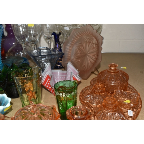 A GROUP OF GLASSWARE, comprising Chance Glass handkerchief bowl in red ...