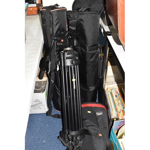 A GROUP OF TRIPODS to include two Manfrotto 525MVB tripods, and an E ...