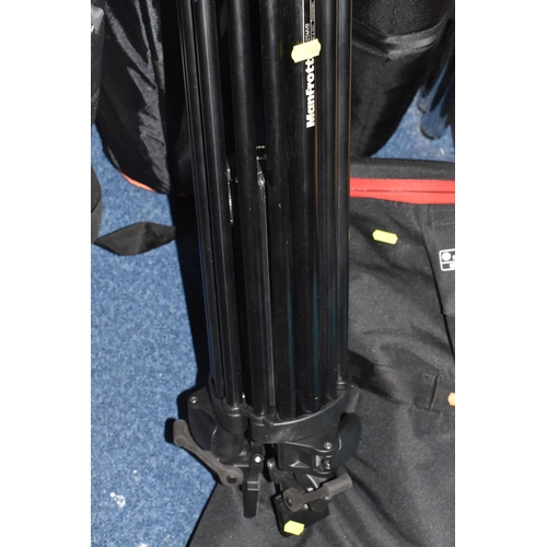 A GROUP OF TRIPODS to include two Manfrotto 525MVB tripods, and an E ...
