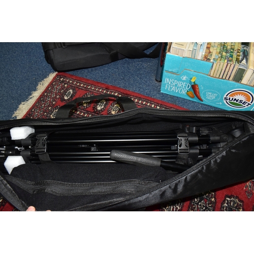 A GROUP OF TRIPODS to include two Manfrotto 525MVB tripods, and an E ...