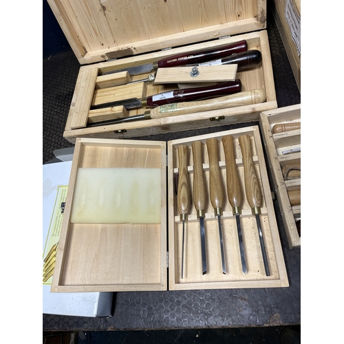 TWO WOODEN BOXES CONTAINING WOOD TURNING AND CARVING CHISELS makers ...