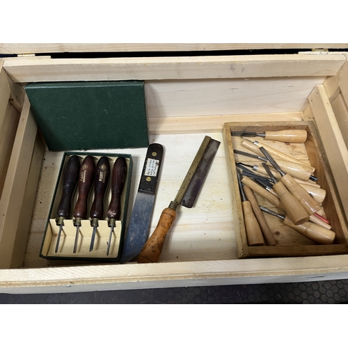 TWO WOODEN BOXES CONTAINING WOOD TURNING AND CARVING CHISELS makers ...