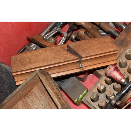 TWO BOXES OF VINTAGE TOOLS, to include a W. Parkes plough plane, wood ...
