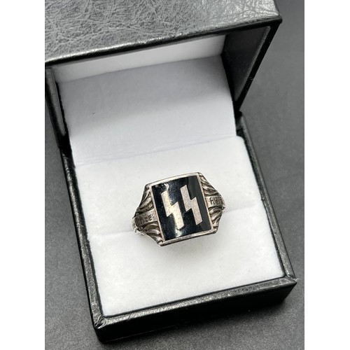 WW2 German white metal and black enamel ring. engraved Initials to ...