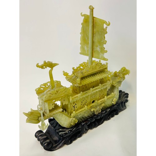 A late 20th Century carved Chinese jade dragon boat, Carved decoration ...