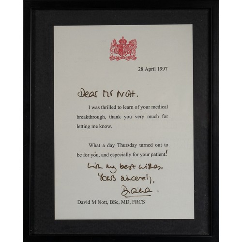 A signed letter from Diana, Princess of Wales, to the surgeon David ...