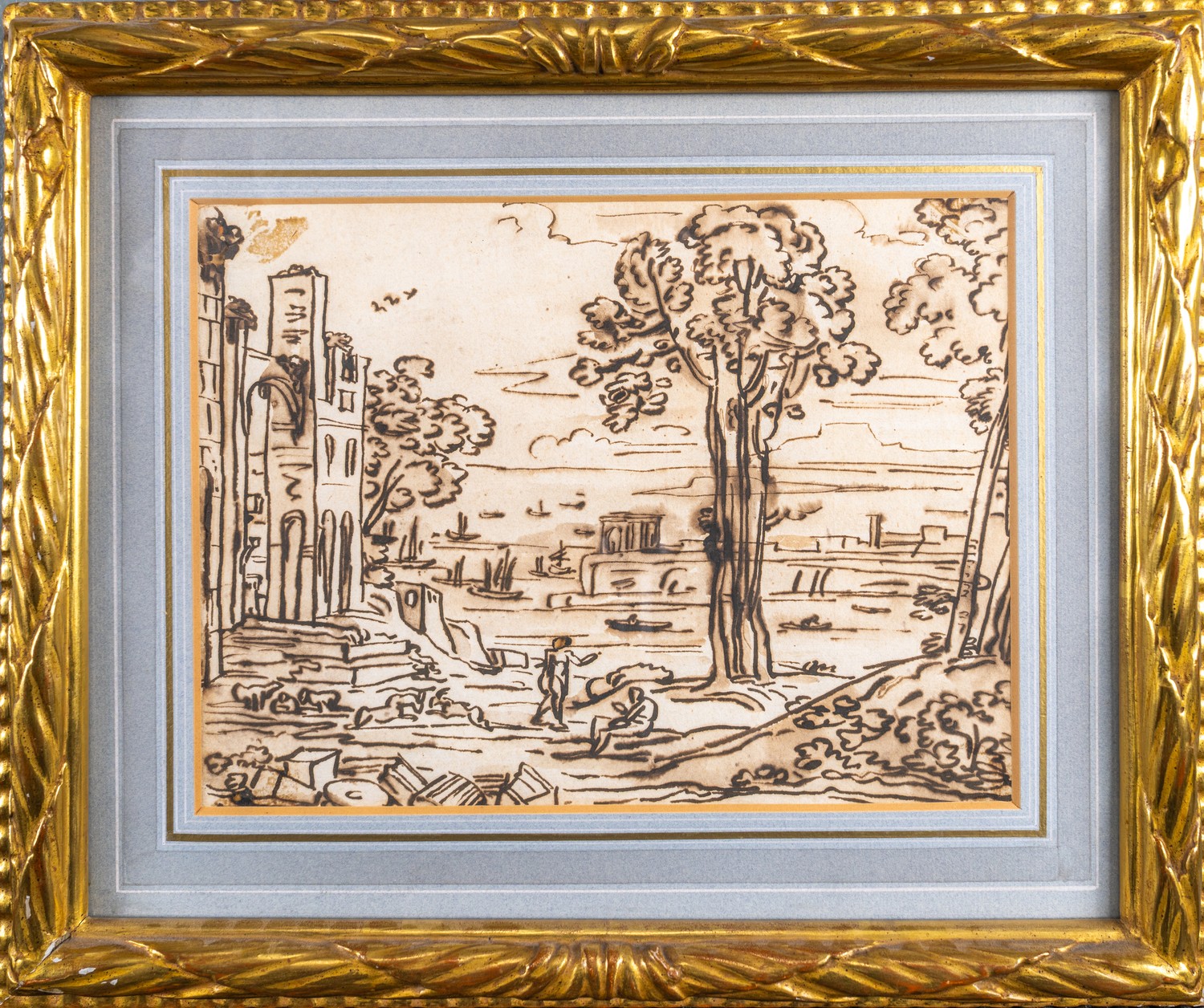 Italian School18th century Landscape with harbour, figures and ...