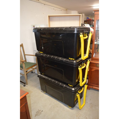 Two 160 Litre Lidded Plastic Wheeled Trunks with Yellow Pull Handles ...