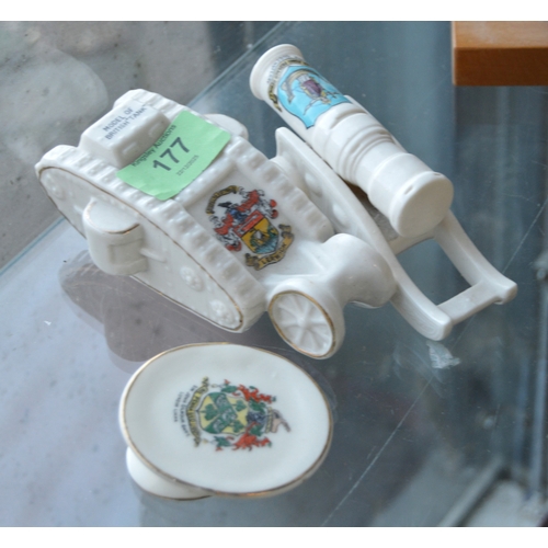 Three Crested-ware military Related Figures- WWI Tank, Cannon and ...