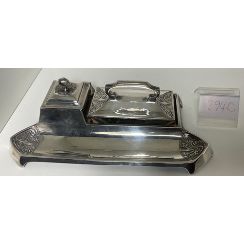 "W.M.F' Silver metal desk tidy complete with glass ink well liner and ...