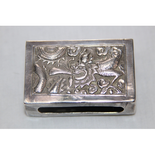 ORIENTAL DRAGON AND BIRD EMBOSSED SILVER MATCH BOX CASE - 34G