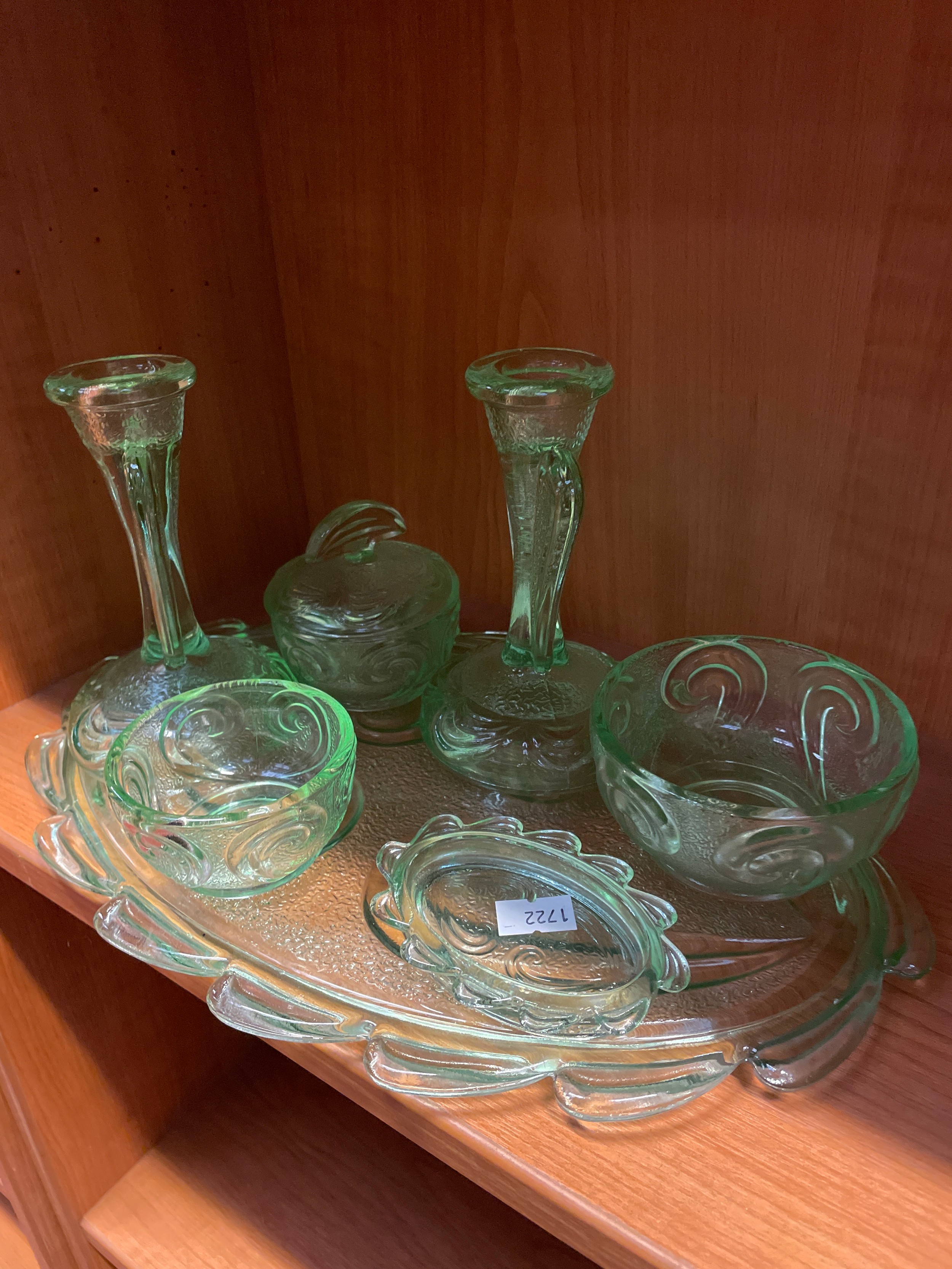 Vintage Green Glass Dressing Table Set Art Deco 1930s By Bagley In Rutland.