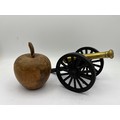 Wooden Apple Box And Brass And Cast Canon 9" x 4".
