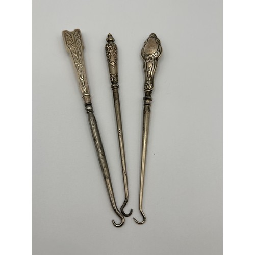Collection Of Three Silver Button Hooks . Longest 7"