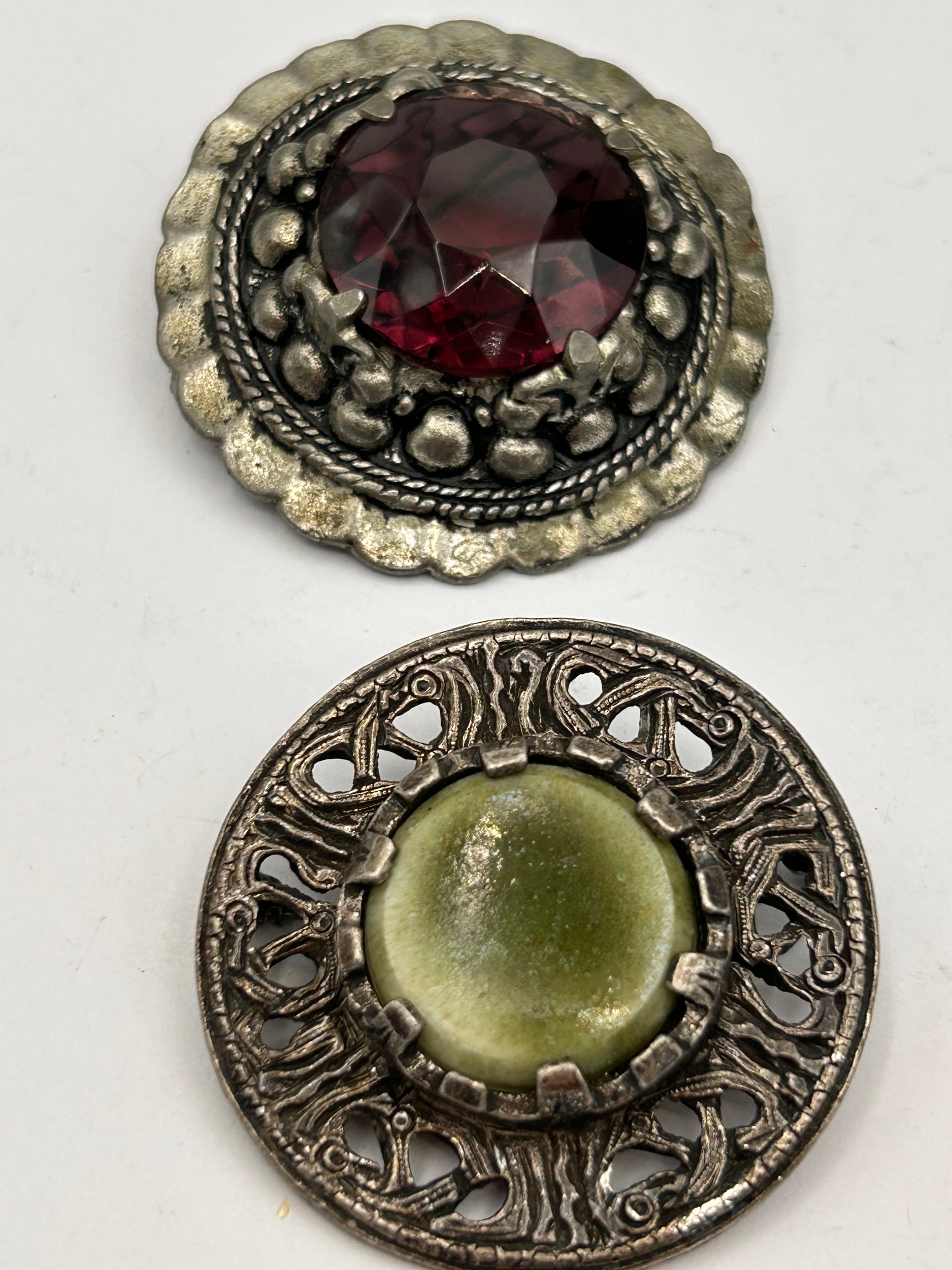 A Pair of Vintage Brooches, including a Signed MIRACLE Green Connemara ...