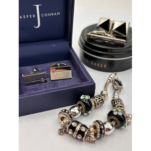 A Collection of Ted Baker and Jasper Conran Cufflinks with a Charm Bracelet