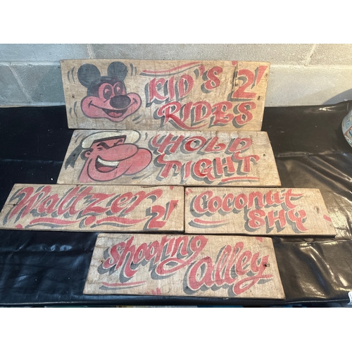A Group of Five Vintage Hand-Painted Wooden Fairground Signs