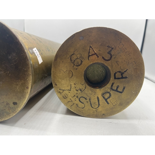 A Pair of Royal Artillery 105mm Brass Artillery Shell Casings dated 1971