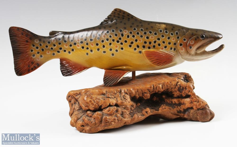 c1987 Bob Berry Carved Trout fish on wooden stand, quality carving by a ...