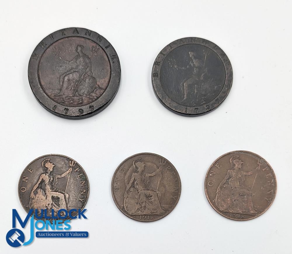 1797 George III Penny and Twopenny Cartwheel Coins, plus 1912 and 1918 ...