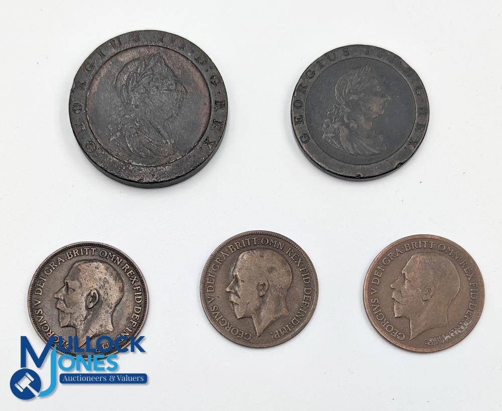 1797 George III Penny and Twopenny Cartwheel Coins, plus 1912 and 1918 ...
