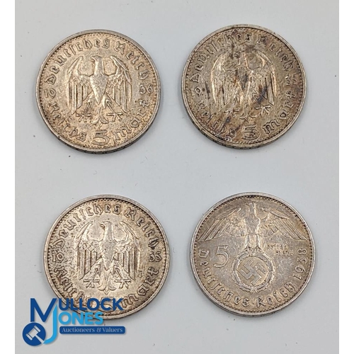 4x 1935 1936 1938 German Nazi 5 Marks, Paul von Hindenburg, silver 900 ...
