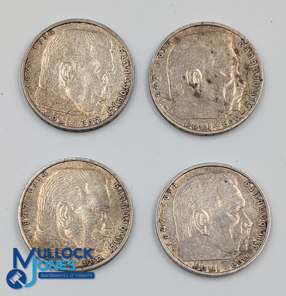 4x 1935 1936 1938 German Nazi 5 Marks, Paul von Hindenburg, silver 900 ...