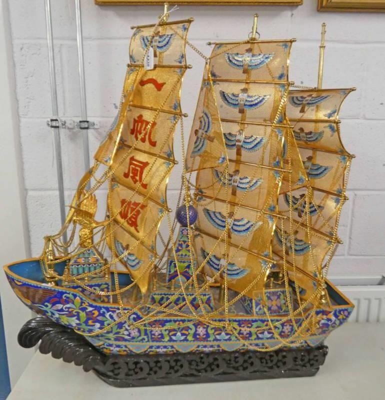 20TH CENTURY CHINESE CLOISONNE 3 MASTED JUNK ON HARDWOOD STAND 84CM TALL