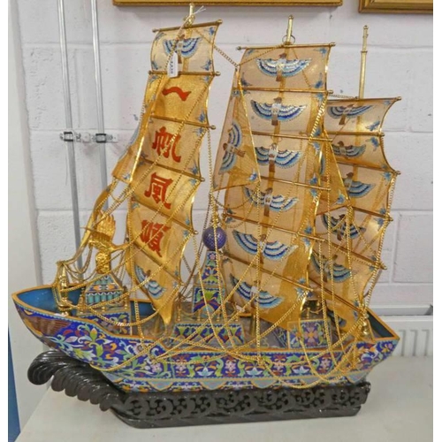 20TH CENTURY CHINESE CLOISONNE 3 MASTED JUNK ON HARDWOOD STAND 84CM TALL