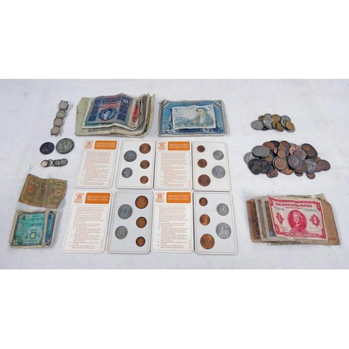 SELECTION OF WORLDWIDE COINS AND BANKNOTES INCLUDING A SIXPENCE ...