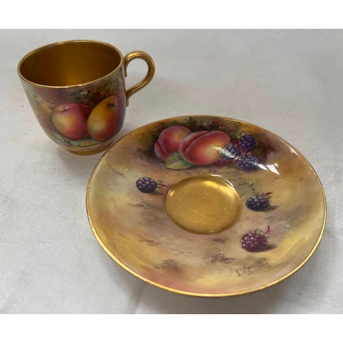ROYAL WORCESTER FRUIT DECORATED GILT COFFEE CUP & SAUCER WITH APPLES & BERRIES SIGNED H EVERETT & I