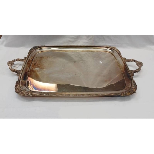 LARGE SILVER PLATED 2-HANDLED TRAY ON 4 SPLAYED FEET - 72 CM LONG