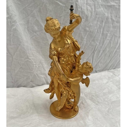 GILT METAL FIGURE OF LADY WITH CHERUB, 30CM TALL