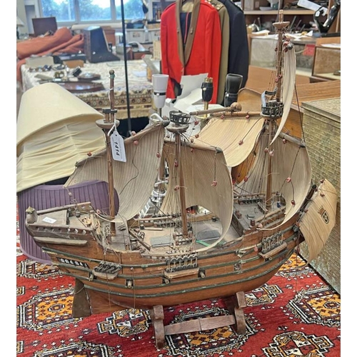 WOODEN MODEL OF A THREE MASTED GALLEON, 52CM LONG