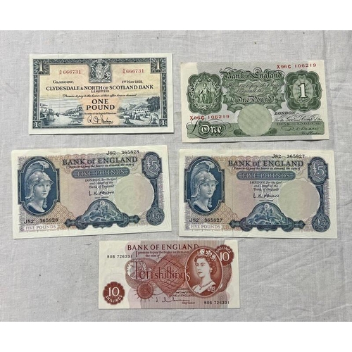 TWO BANK OF ENGLAND FIVE POUND NOTES SIGNED O'BRIEN AND CONSECUTIVE J82 ...