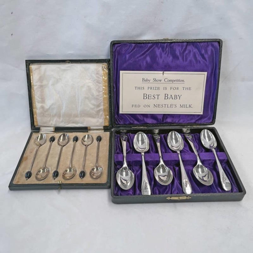 CASED SET 6 SILVER COFFEE BEAN SPOONS & CASED SET 6 SILVER PLATED ...