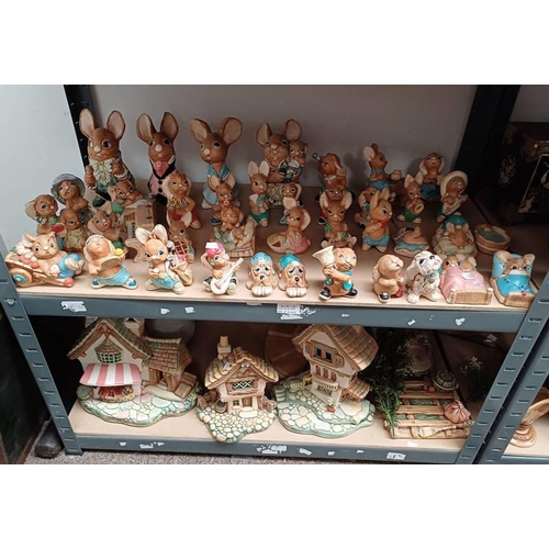 SELECTION OF VARIOUS PENDELFIN FIGURES & STANDS OVER 2 SHELVES