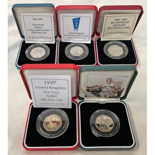 5 UK SILVER PROOF PIEDFORT 50P COINS TO INCLUDE 1992-1993 EEC, 1997 ...