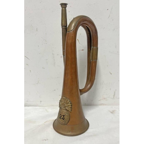 COPPER & BRASS MILITARY BUGLE WITH 23RD ROYAL WELSH FUSILIER'S BADGE TO ...