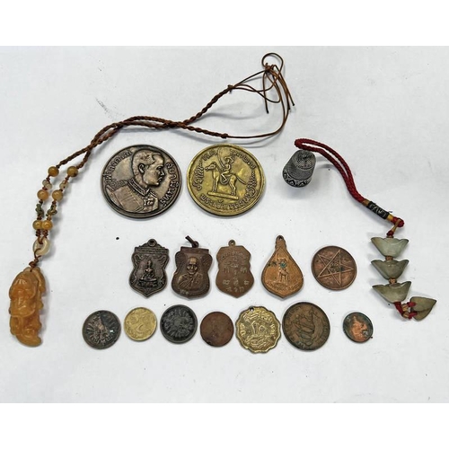 TIBETAN BUDDHIST TOKENS, COINS, NECKLACES, THIMBLE ETC.