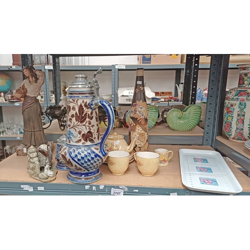 GERMAN POTTERY METAL LIDDED JUG & 2 LIDDED MUGS, ELISA FIGURE OF A ...