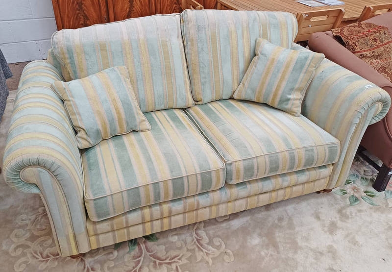 OVERSTUFFED SETTEE WITH GREEN & BLUE STRIPED PATTERN