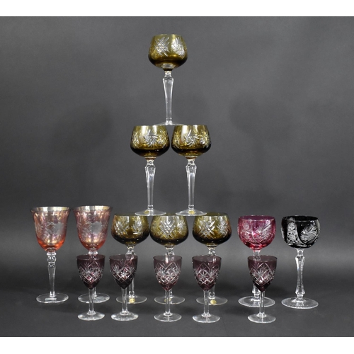 A Collection of Various Coloured Glass Bohemian Hock and Other Glasses ...