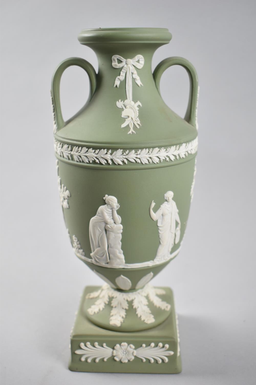 A Wedgwood Green Jasperware Two Handled Vase, Impressed Mark and Made ...