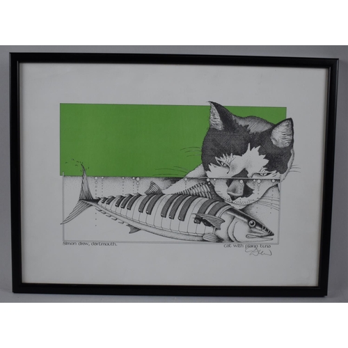 A Framed Lithograph by Simon Drew, "Cat with Piano Tuna", Signed in ...