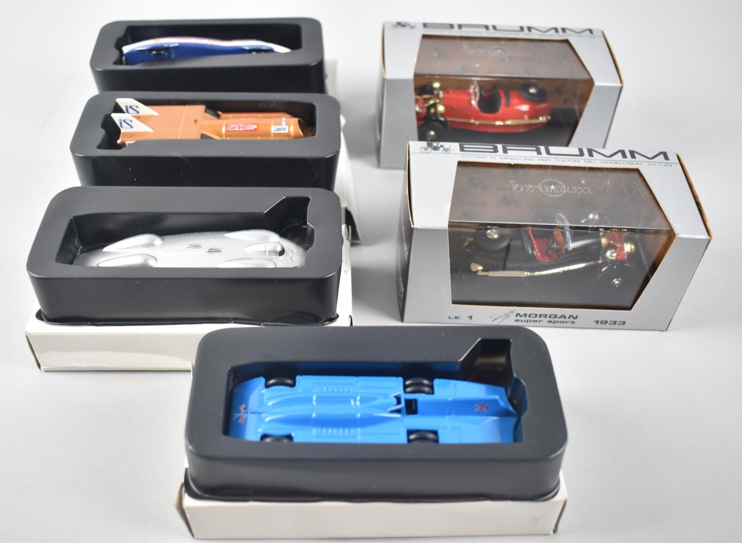 A Collection of Four Lledo Land Speed Record Cars and Two Boxed Brumm ...