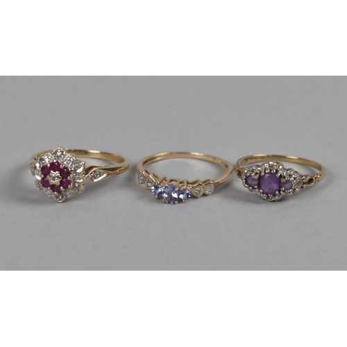 Three 9ct Gold Mounted Jewelled Rings to include Diamond and Tanzanite ...