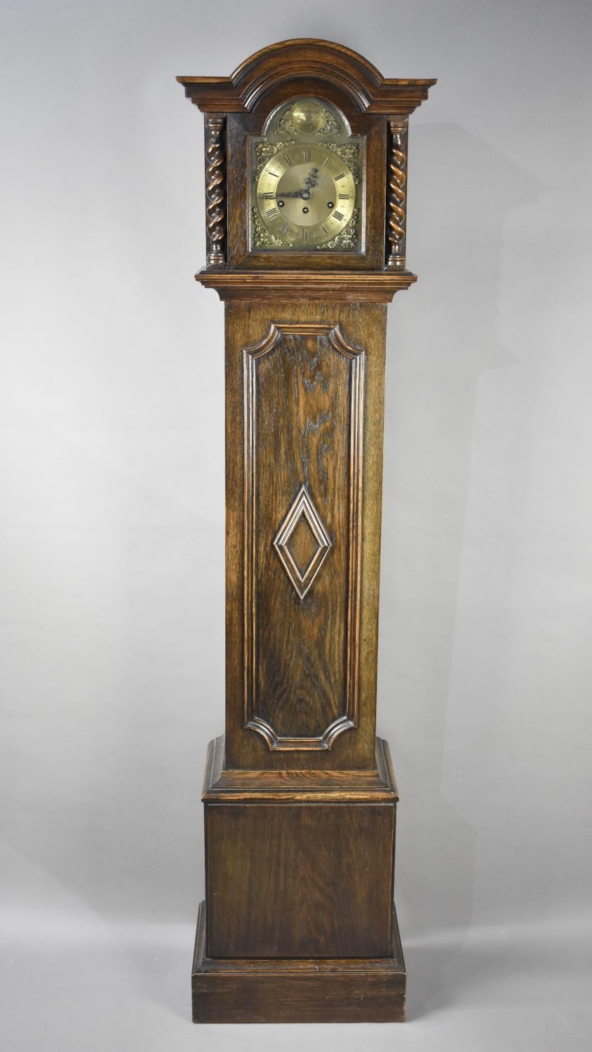 A Mid 20th Century Oak Grandmother Clock with Brass Tempus Fugit Arched ...