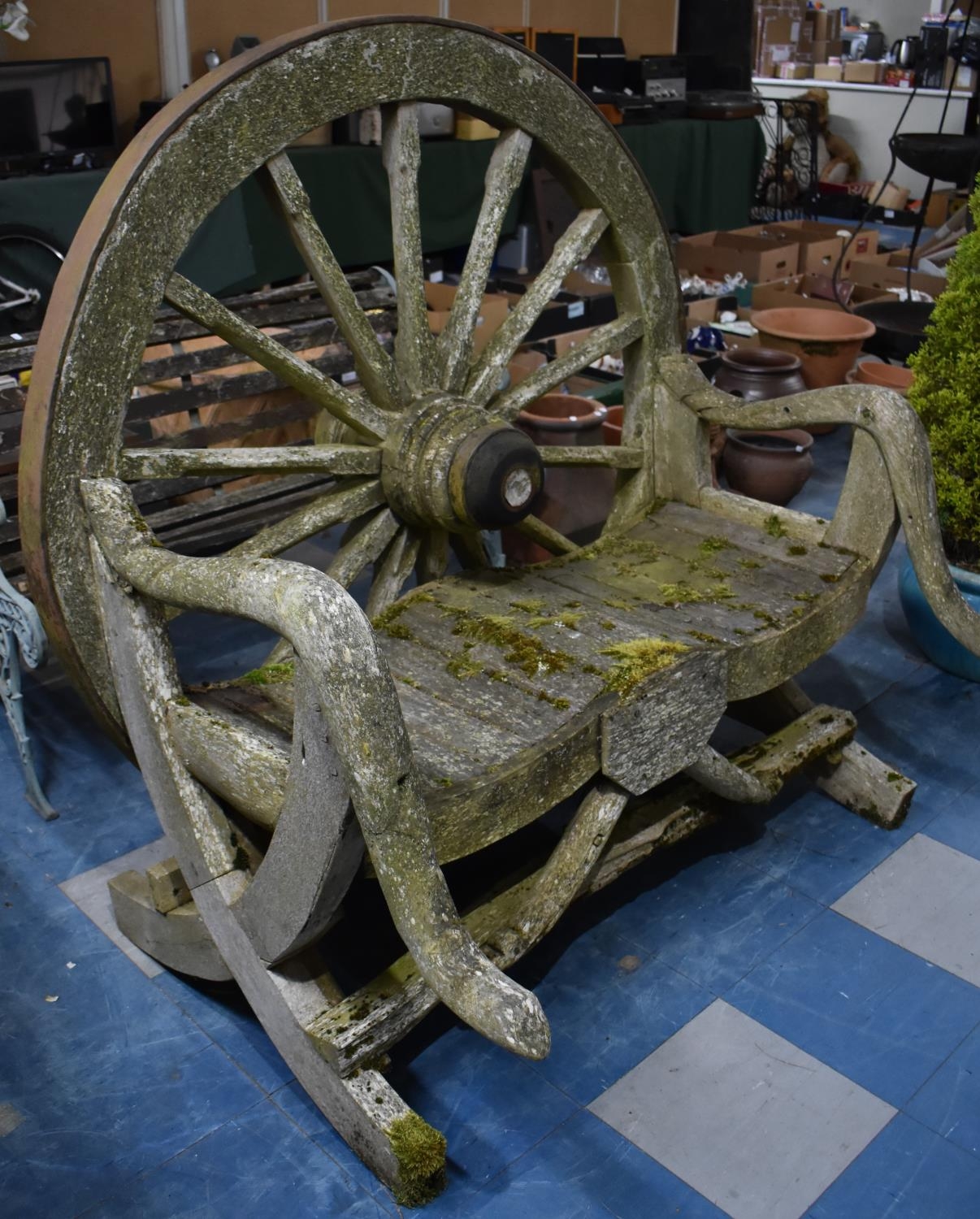 A Weathered Fourteen Spoke Cartwheel Back Two Seater Bench, Double ...